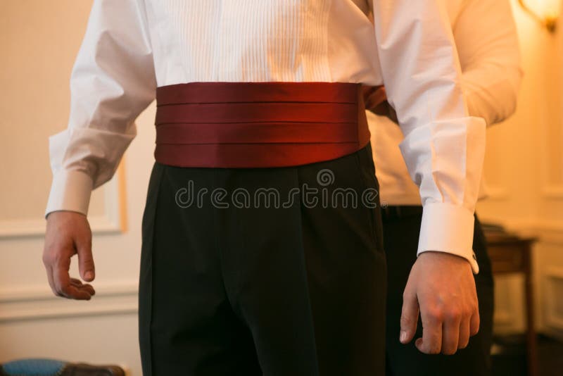 The Elegant Man Dresses Red Cummerbund in His Wedding Day Stock Photo ...