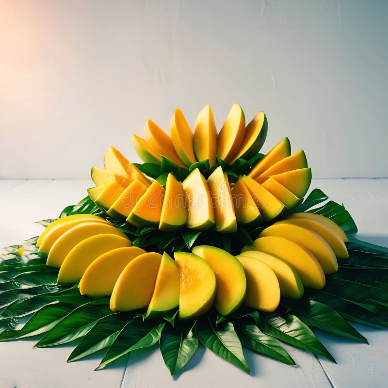 Elegant Mango Slices Arranged on Decorative Palm Leaves Stock ...
