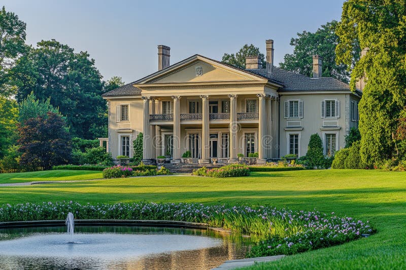 Elegant Mansion with Columns Surrounded by Lush Gardens and a Serene ...