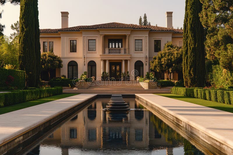 Elegant Mansion with Reflecting Pool and Manicured Gardens Under Soft ...