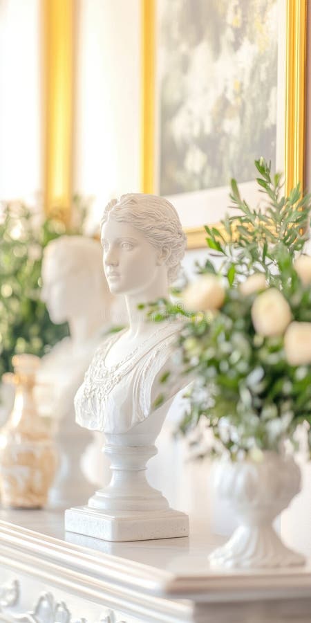 Elegant Marble Busts in a Classic Interior with Floral Decorations ...