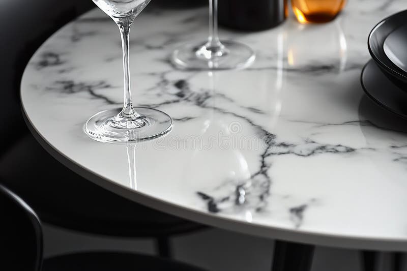 Elegant Marble Dining Table with Crystal Glasses and Modern Crockery ...