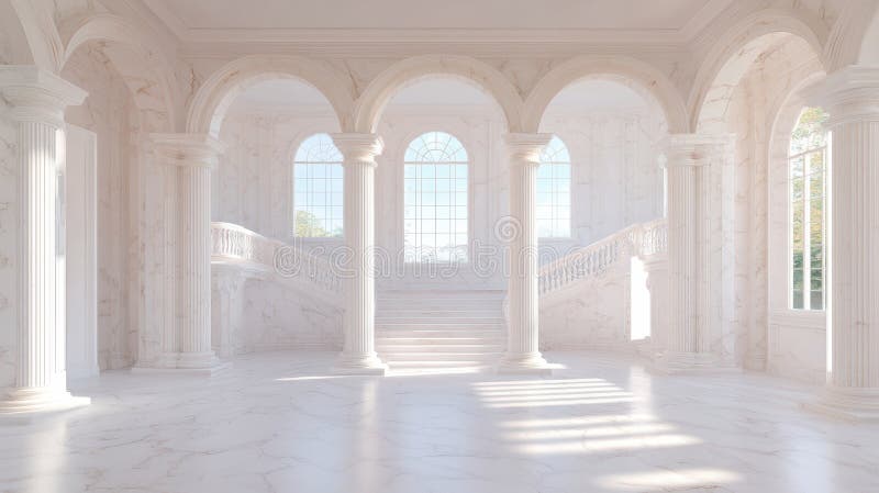 Elegant Marble Hall with Grand Staircase and Arched Windows Capturing ...