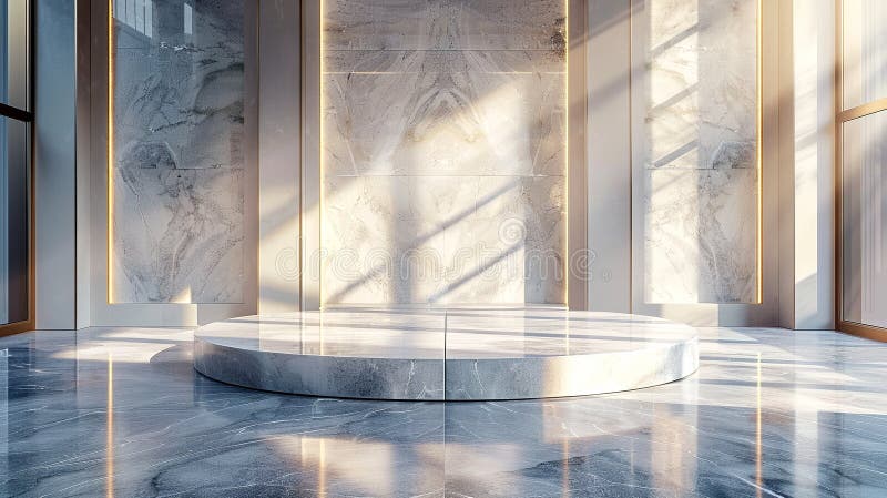Elegant Marble Interior Space with Large Windows Illuminated by Warm ...