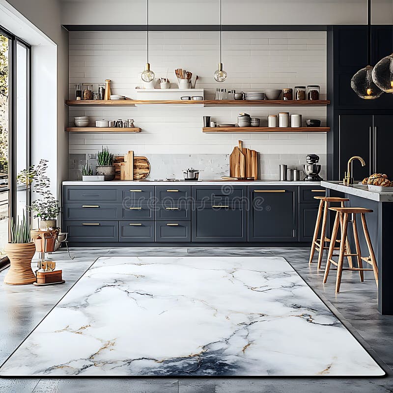 Elegant MarblePatterned Kitchen Rug in Modern Home Design Stock ...