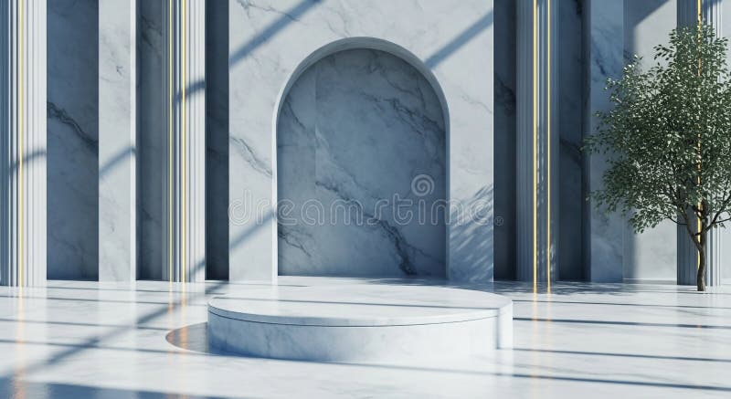 Elegant Marble Product Display Podium with Arch and Tree Stock ...