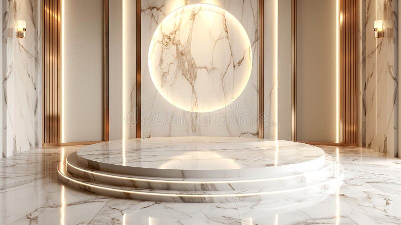Elegant Marble Stage with Glowing Circular Backdrop Illuminated in Soft ...