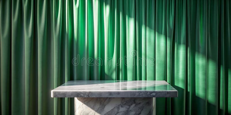 Elegant Marble Table Display Against a Backdrop of Verdant Curtains ...