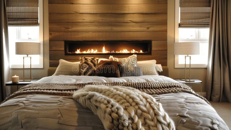An Elegant Master Bedroom with a Fireplace Built into the Wall Behind ...