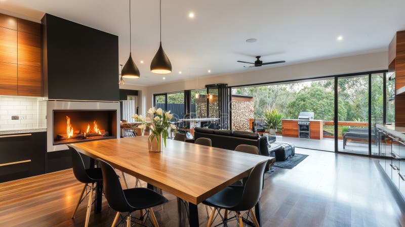 Elegant Matte Black Open Plan Kitchen and Dining Space Featuring a Cozy ...