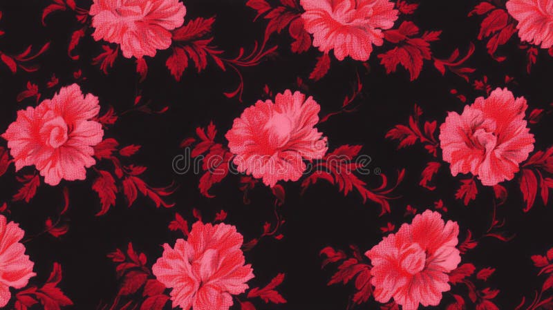 Elegant Maximalist Floral Pattern with Red Peonies on Black Background ...