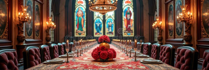 Elegant Medieval Banquet Hall with Ornate Decor and Stained Glass ...