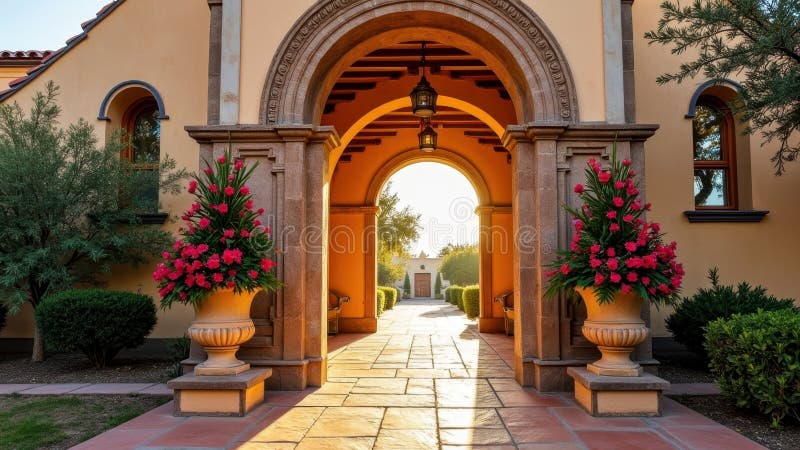 Elegant Mediterranean Courtyard with Archway and Flower Urns at Sunset ...