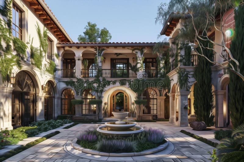 Mediterranean Style Courtyard with Fountain and Lush Greenery Stock ...