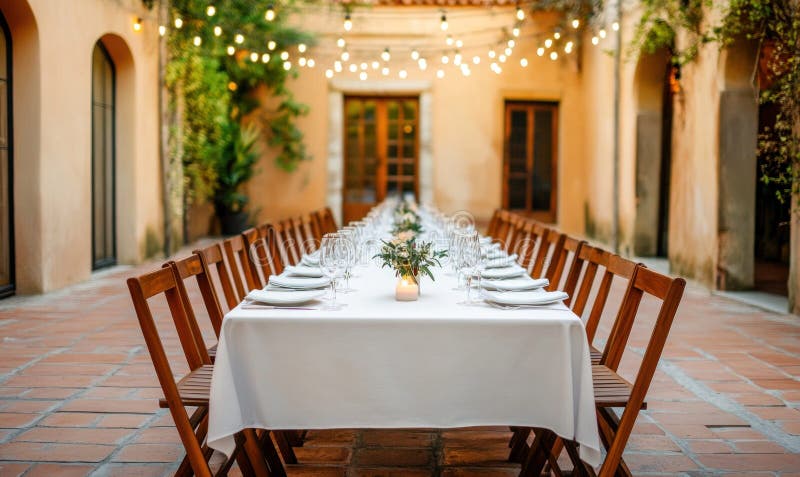 Elegant Mediterranean Dinner Table in Courtyard at Dusk Stock Photo ...