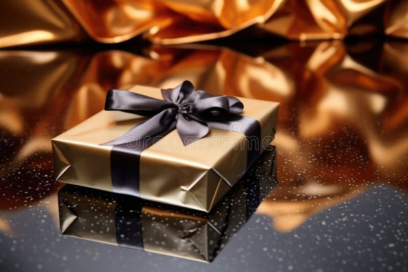 Elegant Metallic Gift Wrap on Gift Box on Reflective Surface Stock ...