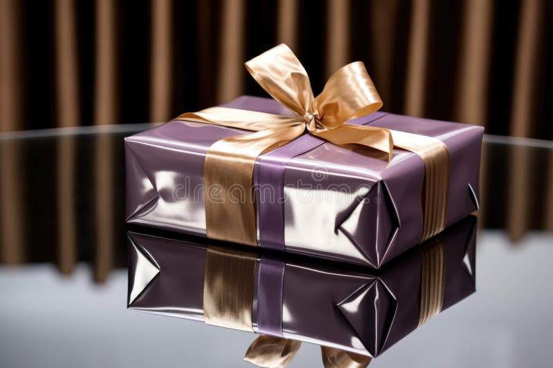 Elegant Metallic Gift Wrap on Gift Box on Reflective Surface Stock ...