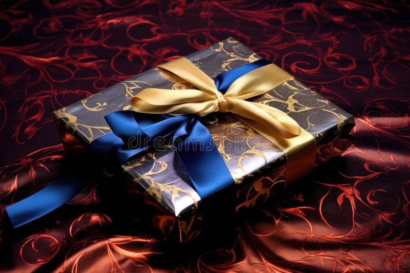 Elegant Metallic Gift Wrap on Gift Box on Reflective Surface Stock ...
