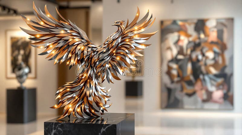 Elegant Metallic Phoenix Sculpture in a Modern Art Gallery Setting ...
