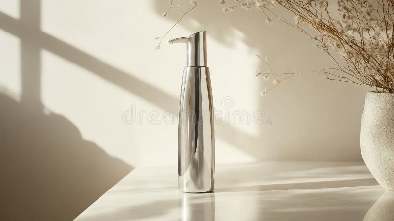 Elegant Metallic Soap Dispenser on Minimalist Surface in Sunlit ...
