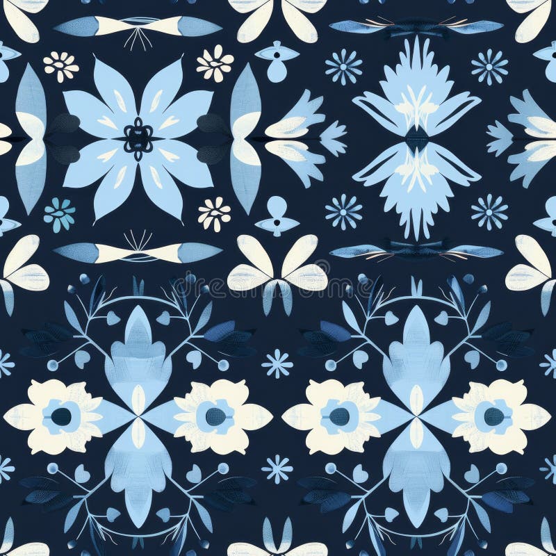 Midnight Blue Floral Pattern: Artistic Botanical Wallpaper Design Stock ...