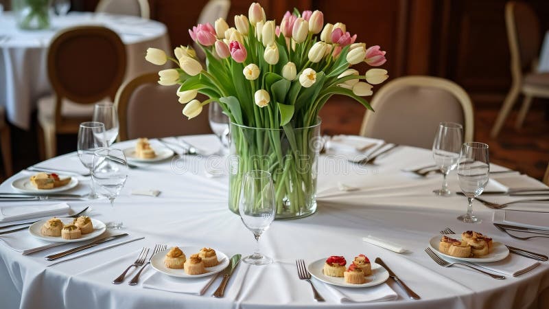 Elegant Milan Dinner, Round Table Setting with Tulips and Pastries ...
