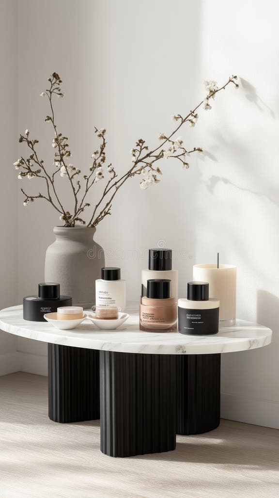 Elegant Minimalist Coffee Table Setting with Perfumes and Candles ...