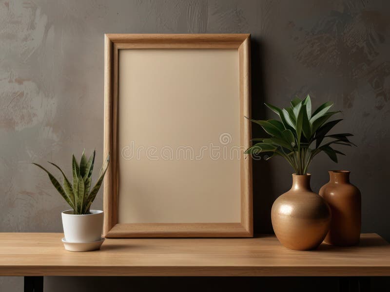 Elegant Minimalist Still Life with Empty Frame and Greenery on Table ...