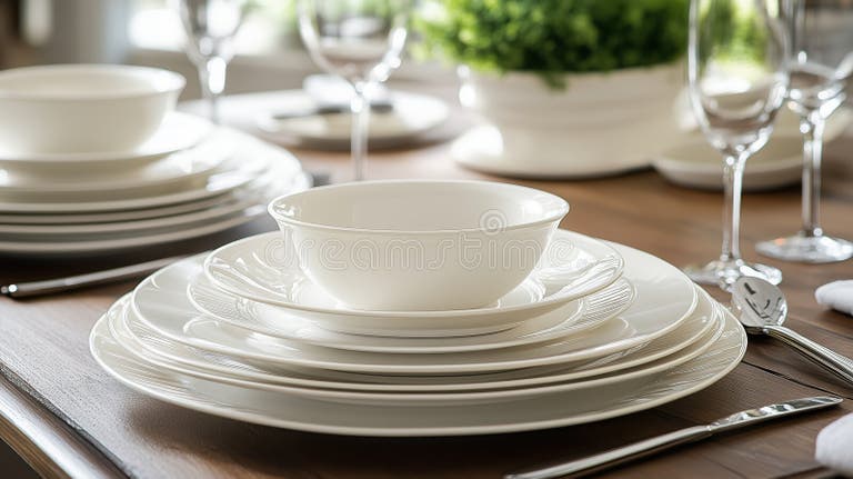 Elegant Minimalist Table Setting with White Dinnerware and Glassware ...
