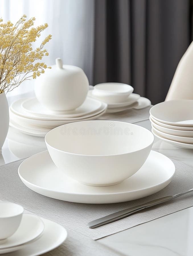 Elegant Minimalist Table Setting with White Dishware Stock Image ...