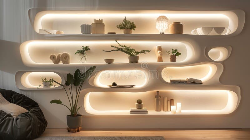 Elegant Minimalist White Wall Featuring Built in Shelves and Soft ...