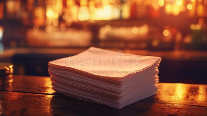 Elegant Mockup of a Stack of White Paper Napkins in a Cozy Bar Setting ...