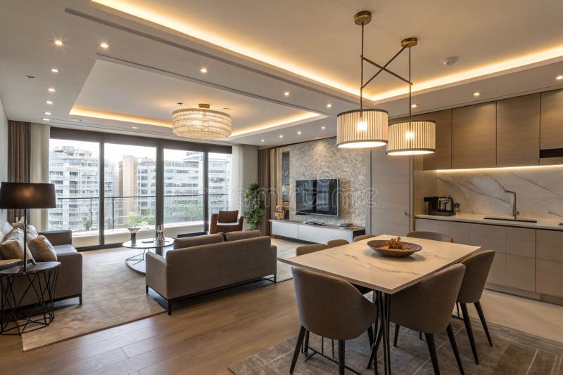 Modern Apartment: Interior Lighting Design Stock Illustration ...