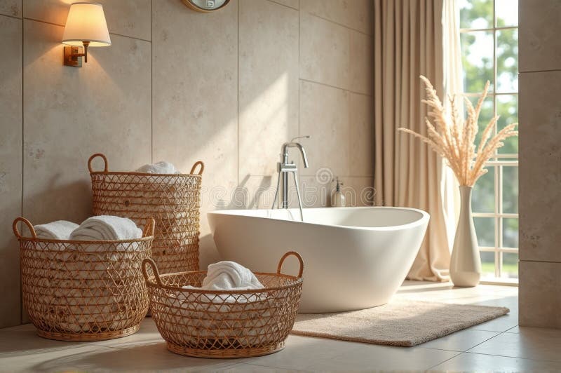 Elegant Modern Bathroom with Freestanding Tub and Wicker Baskets by a ...