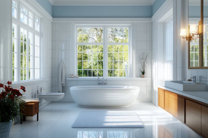 Elegant Modern Bathroom with Sunlit Bathtub and Large Windows Stock ...