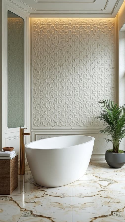 Elegant Modern Bathroom White Freestanding Tub Textured Wall Design ...