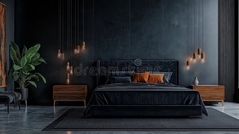Elegant Modern Bedroom with Dark Decor and Hanging Lights Stock Photo ...