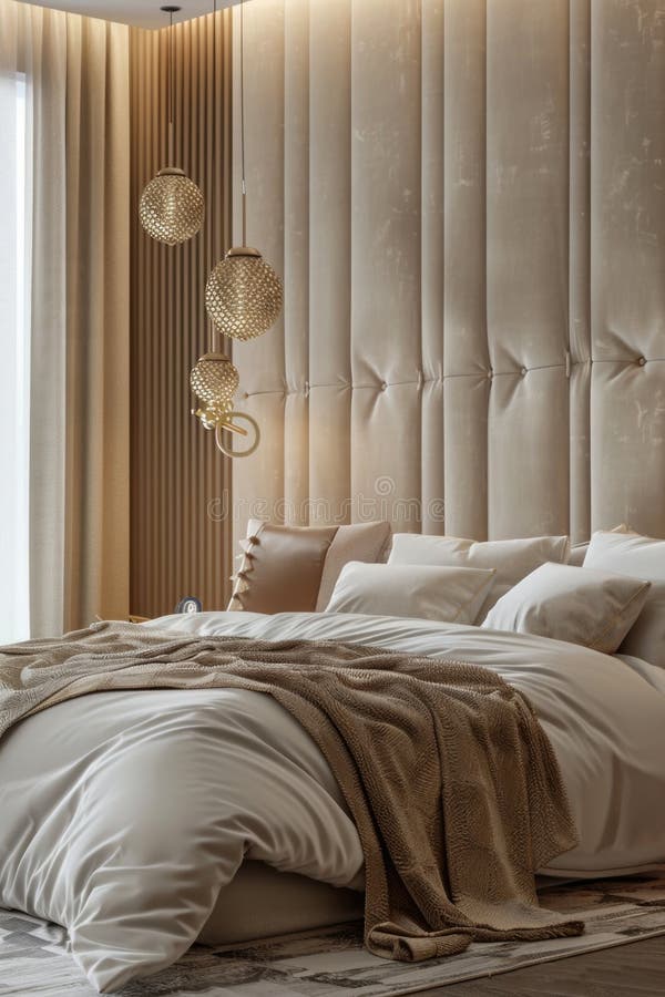 Elegant Modern Bedroom Interior with Luxurious Bedding and Pendant ...