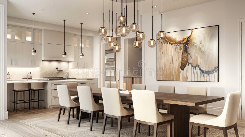 Elegant Modern Dining Area with Artistic Decor and Chic Lighting Stock ...