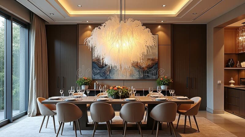Elegant Modern Dining Room with Dramatic Feather Chandelier and Minimalistic Design Stock Photo ...