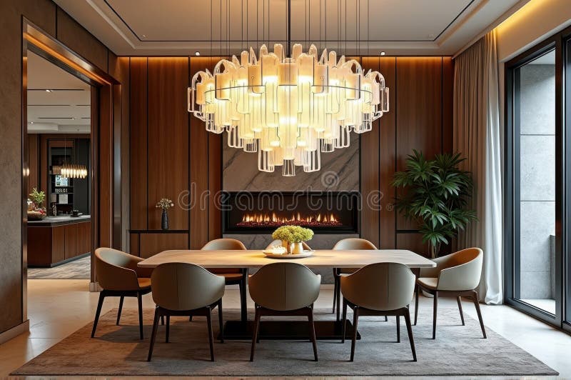 Elegant Modern Dining Room with Grand Chandelier and Fireplace Stock ...