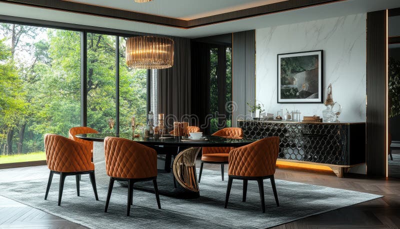 Elegant Modern Dining Room with Large Windows and Forest View in ...