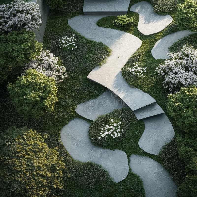 Elegant Modern Garden Featuring Geometric Pathways and Vibrant Blooming ...