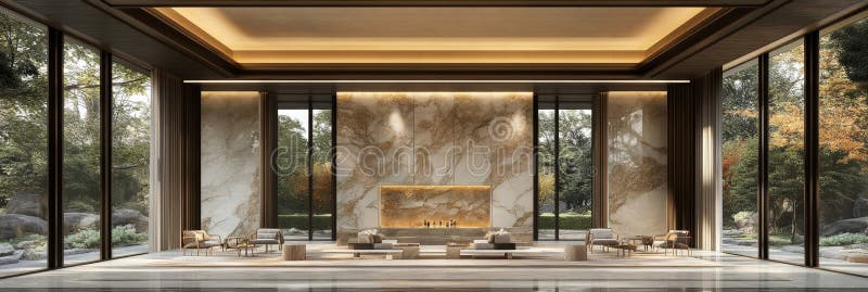 Elegant and Modern Hotel Lounge Area with Floor-to-Ceiling Windows and ...