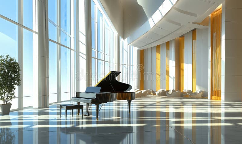 Elegant Modern Interior with Grand Piano and Large Windows in Bright ...
