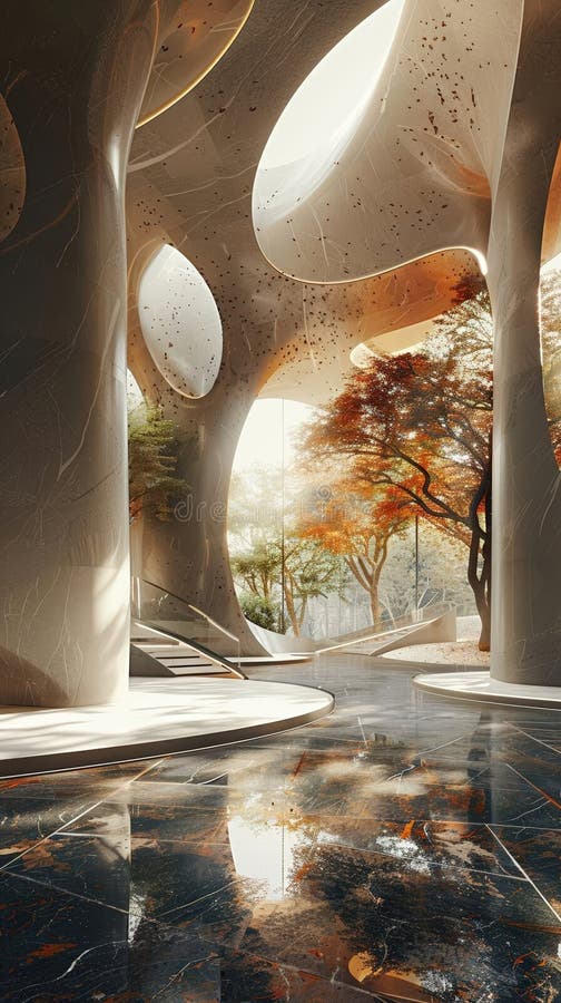 An Elegant and Modern Interior Space with a Reflecting Pool and Autumn ...