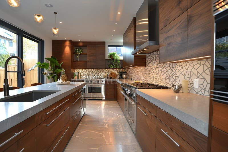 Elegant and Modern Kitchen Interior with Geometric Pattern Backsplash ...