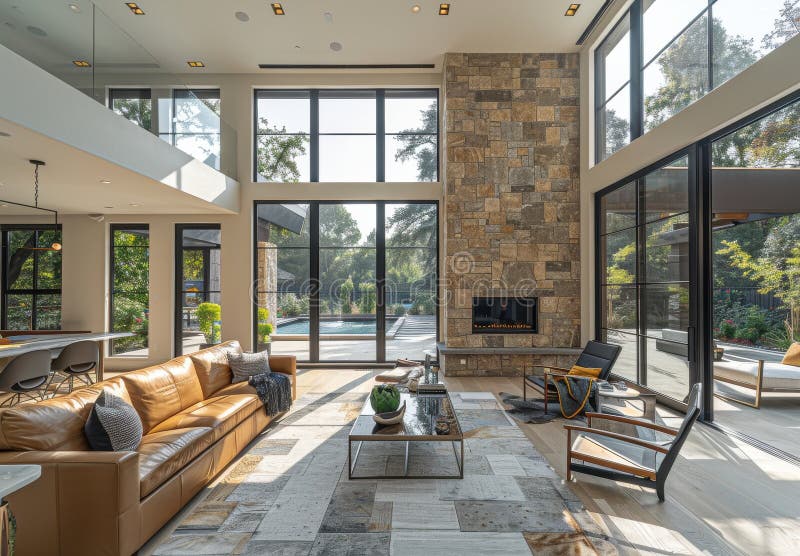 Elegant Living Room Featuring Modern Leather Sofas Large Windows Stock ...