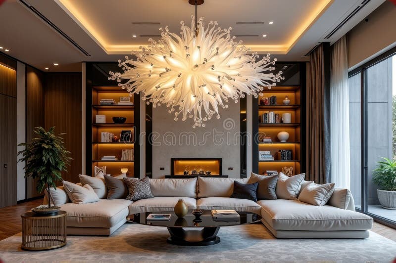 Elegant Modern Living Room with Large Sofa and Unique Chandelier Stock ...