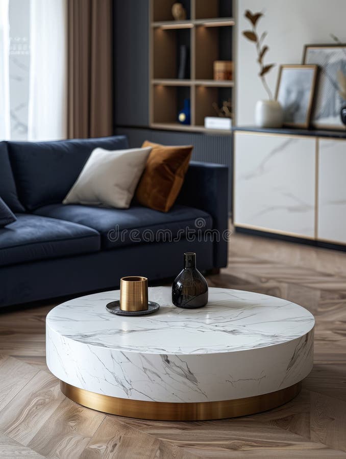 Elegant Modern Living Room with Round Marble Coffee Table. Stock Image - Image of furniture ...